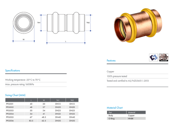 METPRESS Press Fit Gas Straight Coupling - Copper - ZORRO Australia