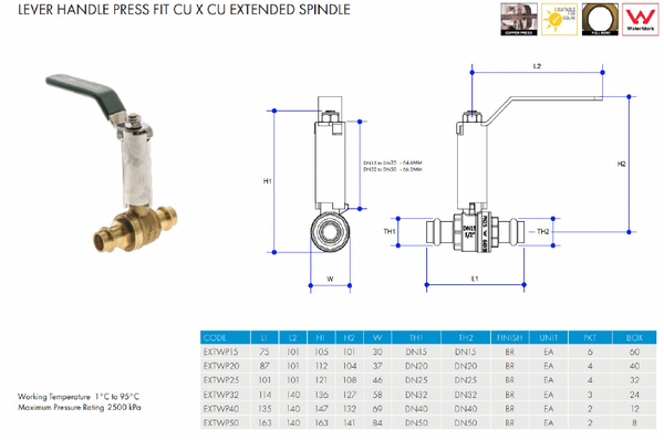 METPRESS Press Fit Lever Handle Ball Valve CU x CU Extended Spindle ...