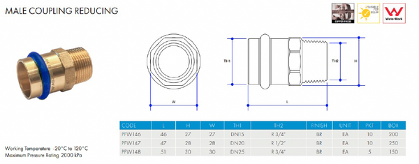 METPRESS Press Fit Male Reducing Coupling - Brass - ZORRO Australia