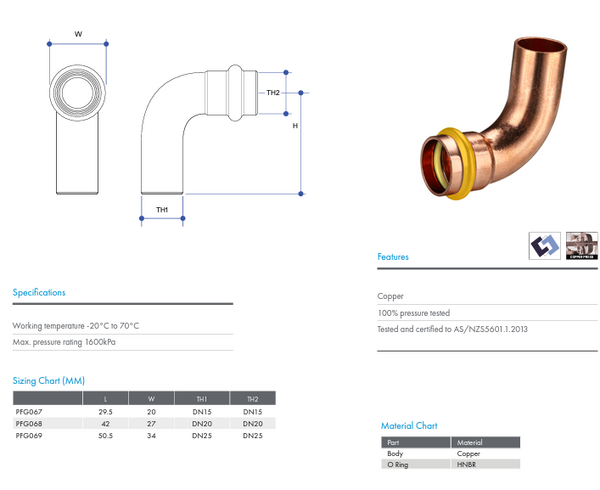 METPRESS Press Fit Gas Elbow 90° M & F - Copper - ZORRO Australia