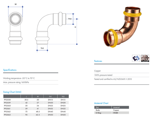 METPRESS Press Fit Gas Elbow 90° F & F - Copper - ZORRO Australia