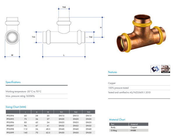 METPRESS Press Fit Gas Tee Equal - Copper - ZORRO Australia
