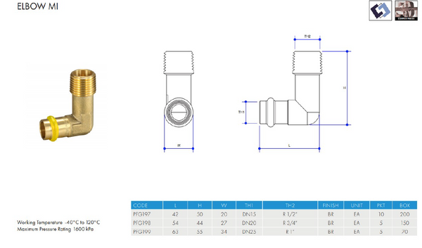 METPRESS Press Fit Gas Male Elbow - Brass - ZORRO Australia