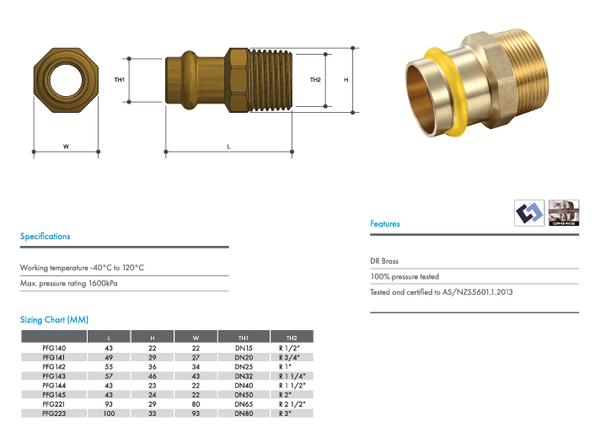 METPRESS Press Fit Gas Male Coupling - Brass - ZORRO Australia